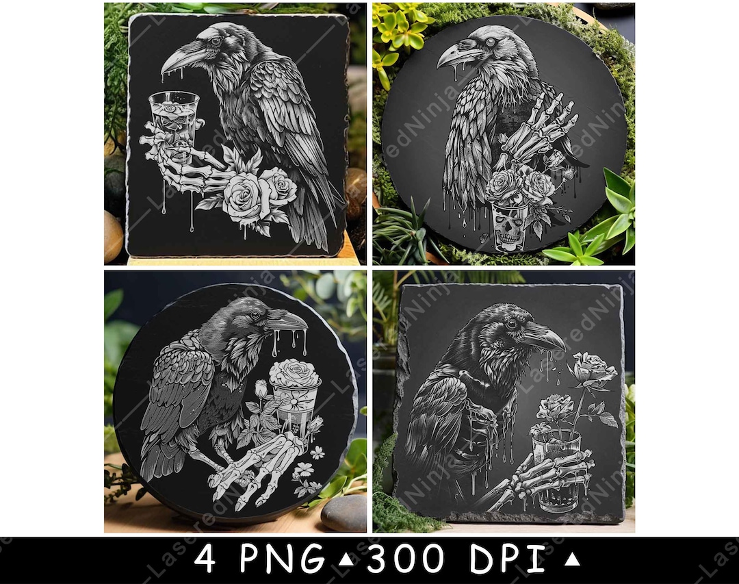 Raven Roses Skeleton Hand Crystal Glass Drip Water Crow Laser File ...