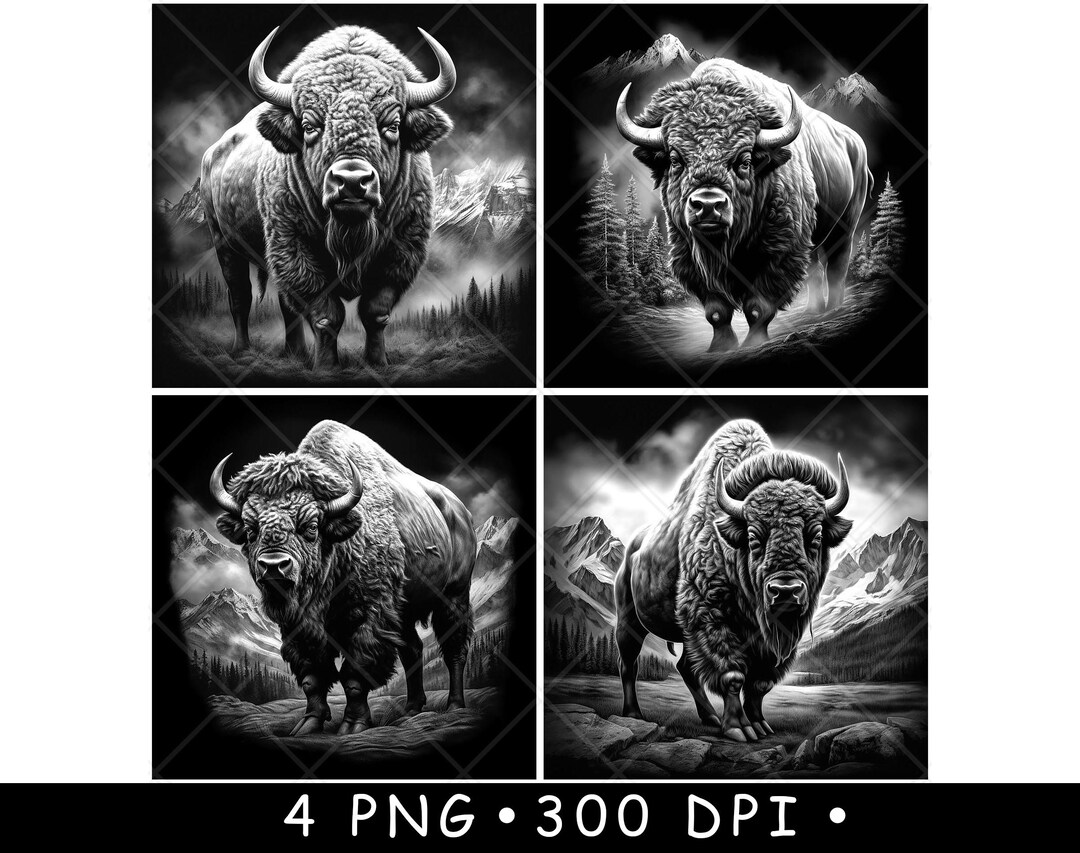American Bison Mountain Scene Black White Wildlife Printable Buffalo ...