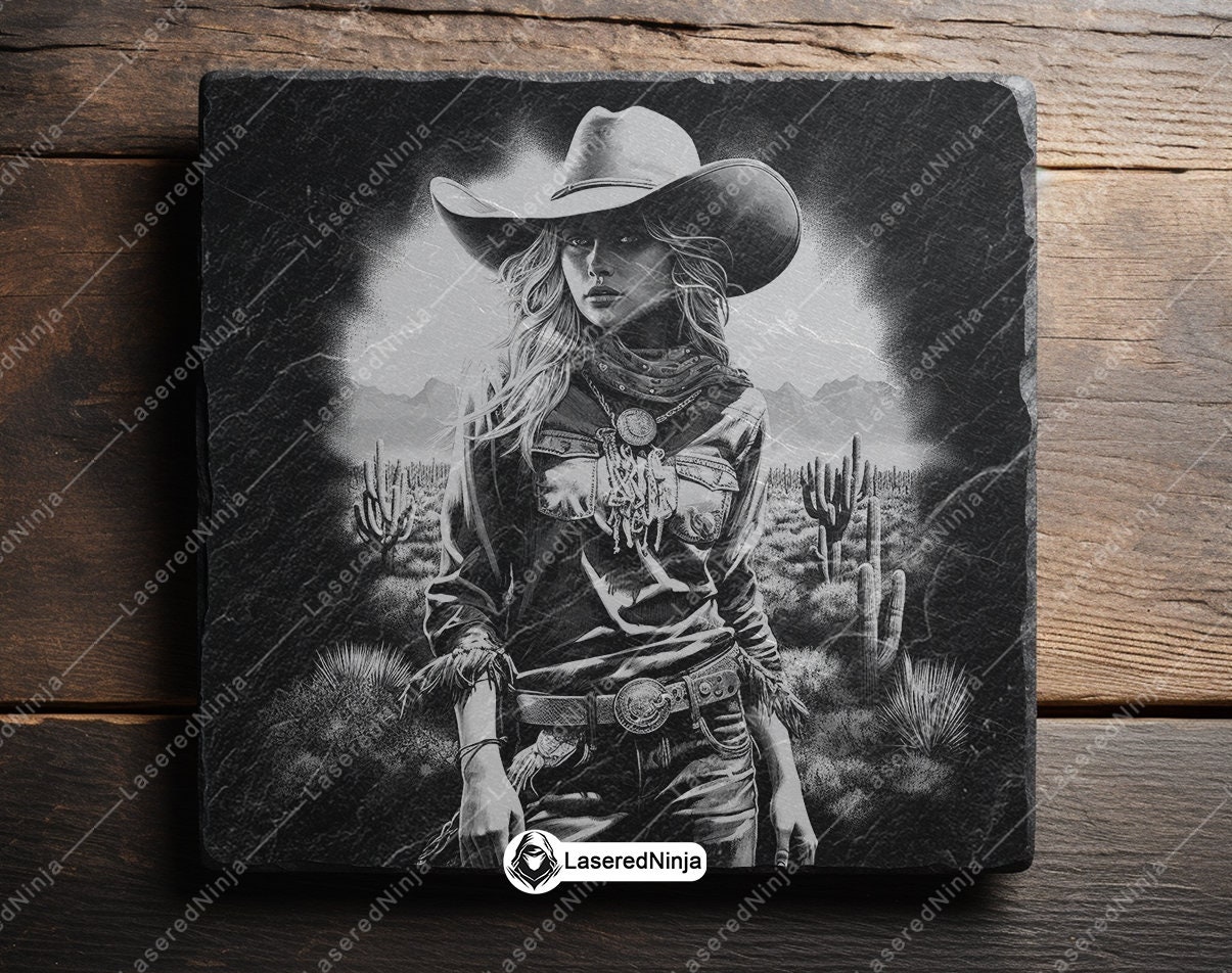 Cowgirl Western Desert Outlaw Ranger Woman Scene Coaster Laser File Slate Etch Engrave Black ...