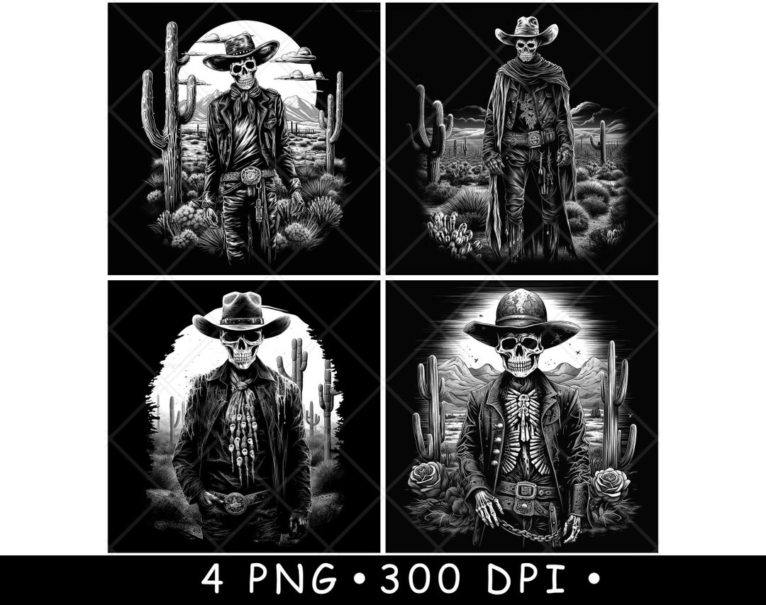 Skeleton Cowboy Desert Bundle Black and White Western Skull Gunslinger ...