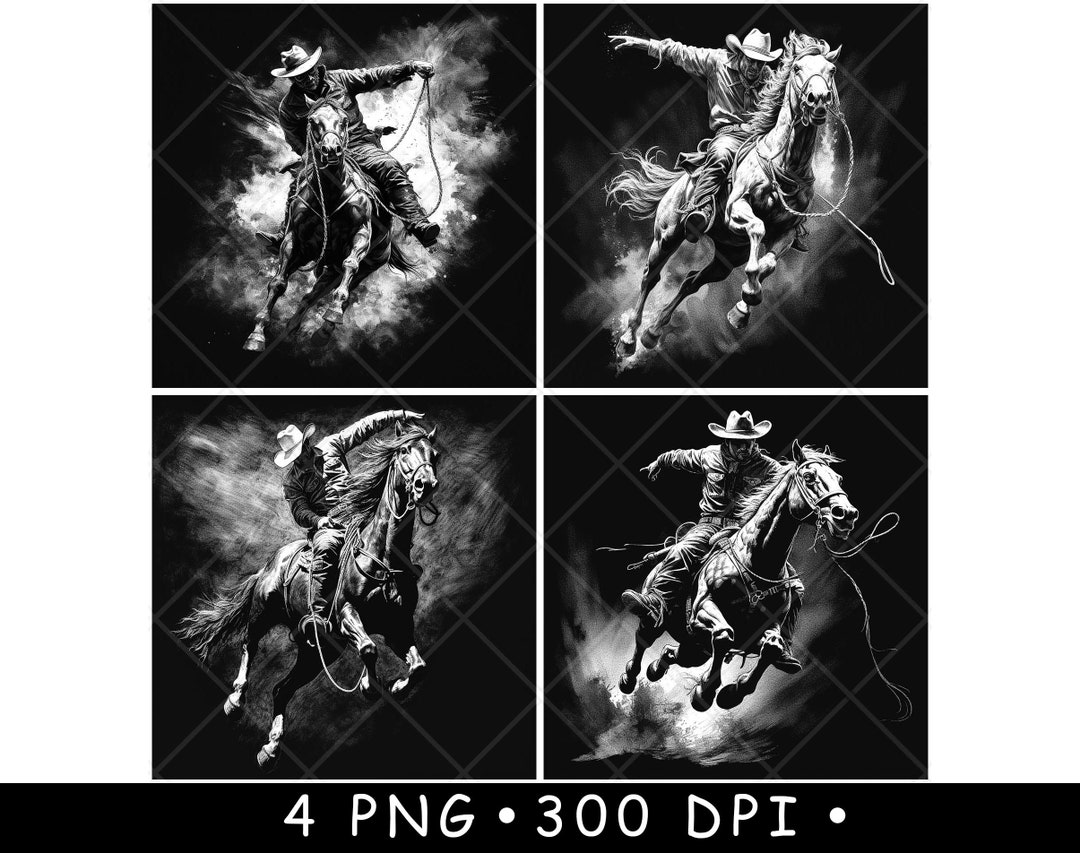 Cowboy Riding Horse Art Western Rodeo PNG Black White Ranch Design ...