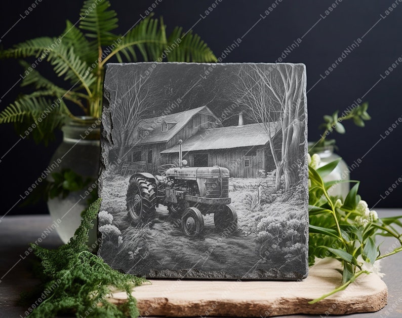 Rustic Barn Farm Old Tractor Ranch Land Scene Laser PNG Slate Coaster Etch Wood Burn Black White ...