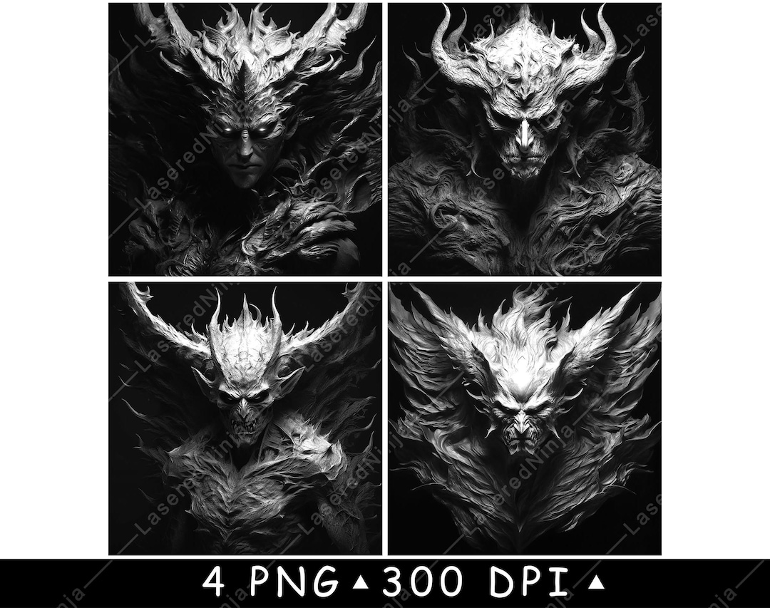 Horned Demon Portraits in Black and White Dark Fantasy Art for Laser ...