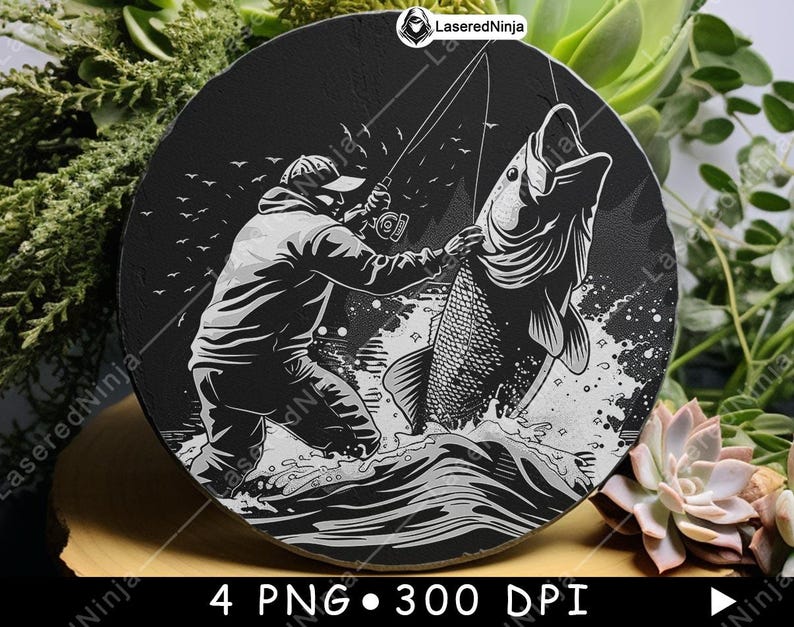 Fisherman Catching Big Fish Line Art Set for Laser Engraving, CNC ...