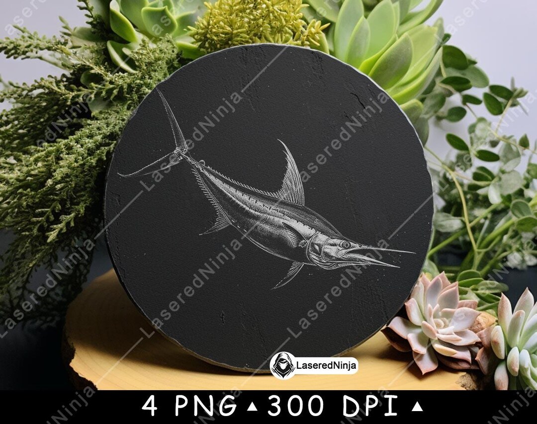 Blue Marlin Fish Ocean Marine Life Underwater Sea Pelagic Laser File Coaster Burn Grayscale ...
