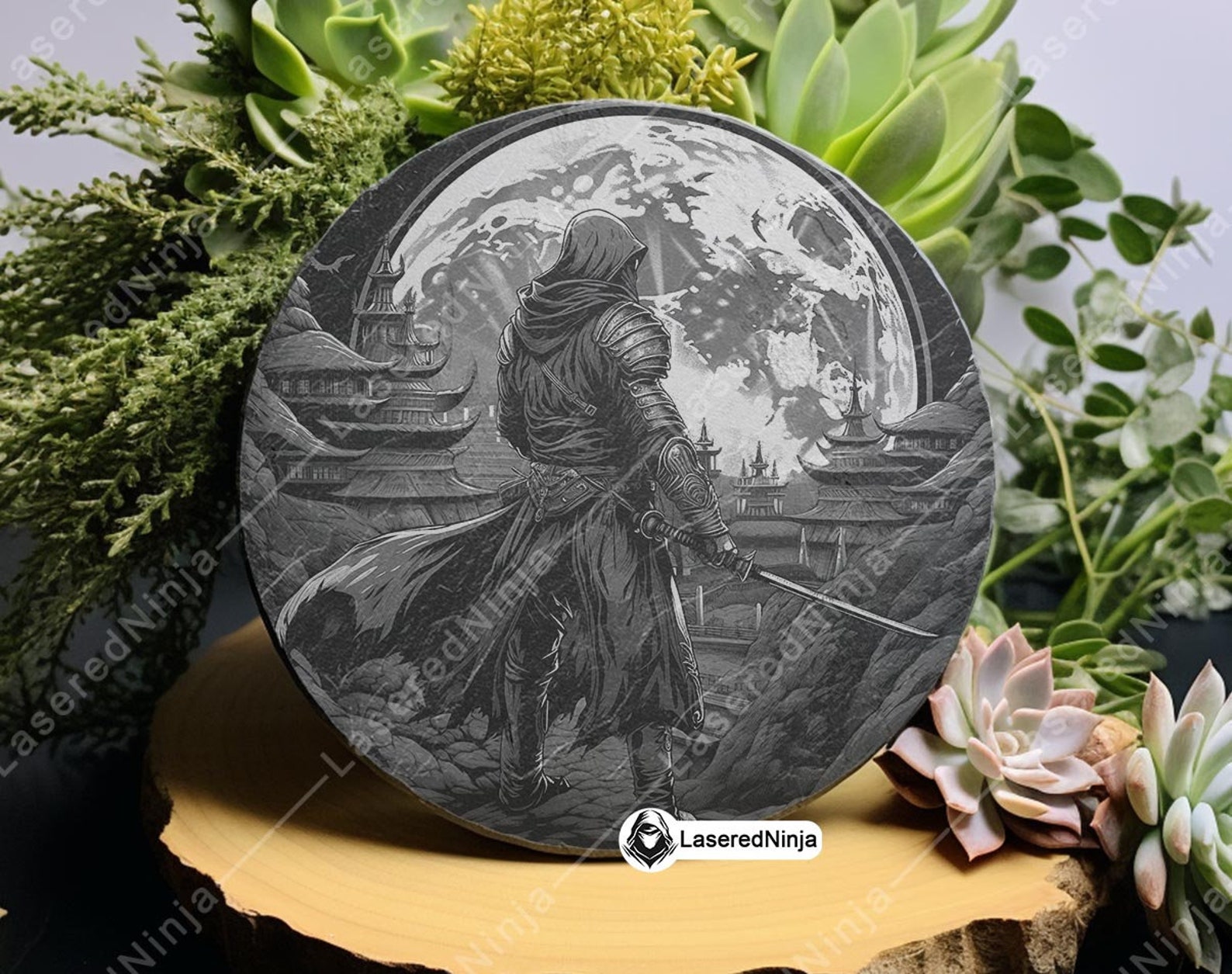 Moonlit Ronin Warrior Overlooking Ancient Pagoda City Black and White ...