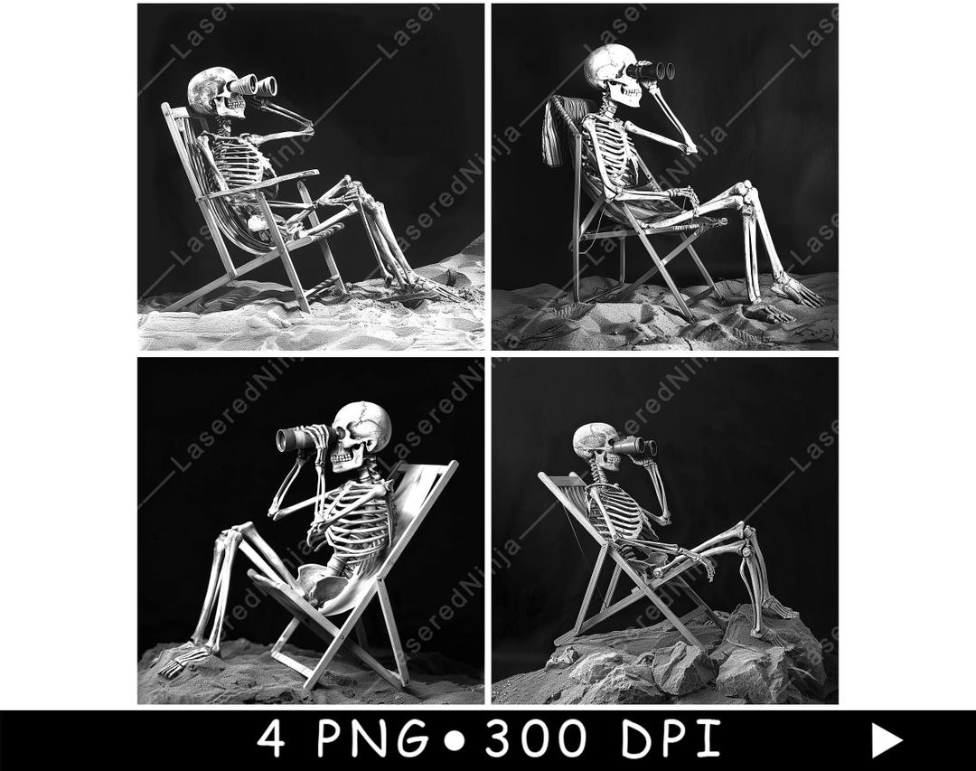 Skeleton Beach Chair Holding Binoculars Telescope Horror Laser File ...