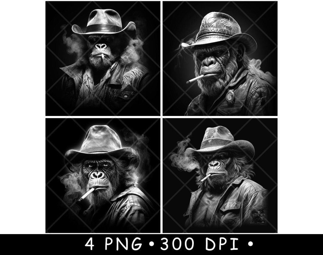Smoking Gorilla Cowboy Bundle Black and White Western Ape Portraits ...