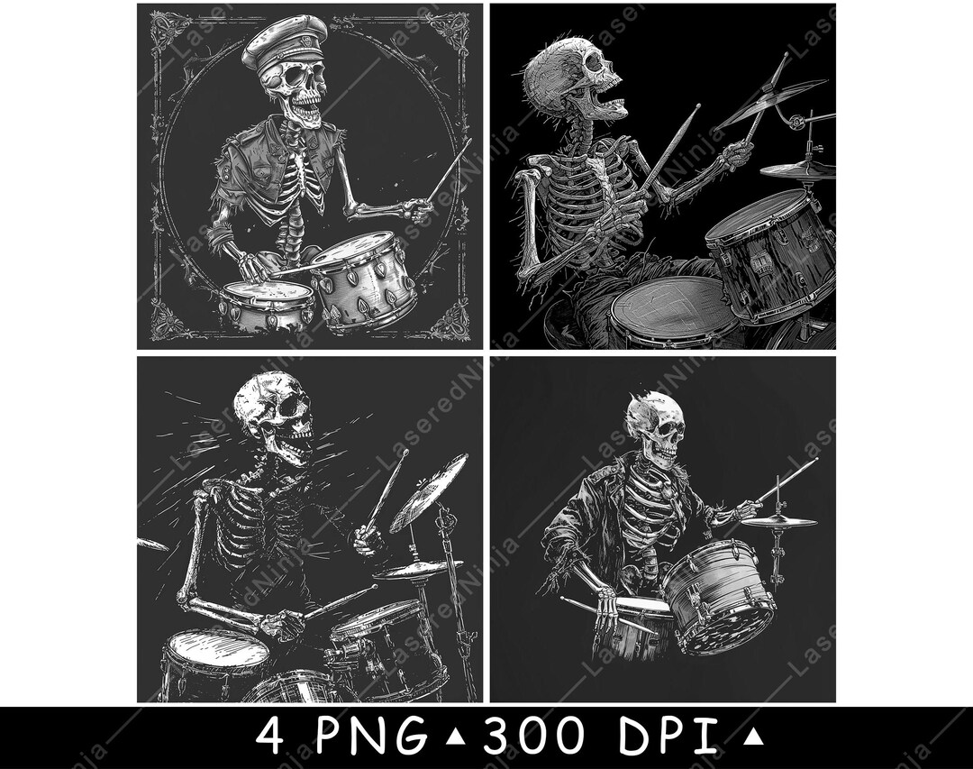 Skeleton Drummer Clipart Bundle Black and White Music Pngs for Laser ...