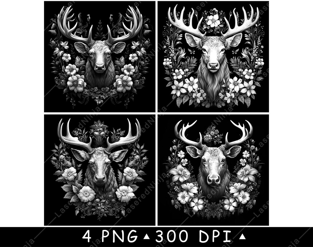 Moose Head Floral Bull Elk Wapiti Large Deer Flower Scene Laser File ...