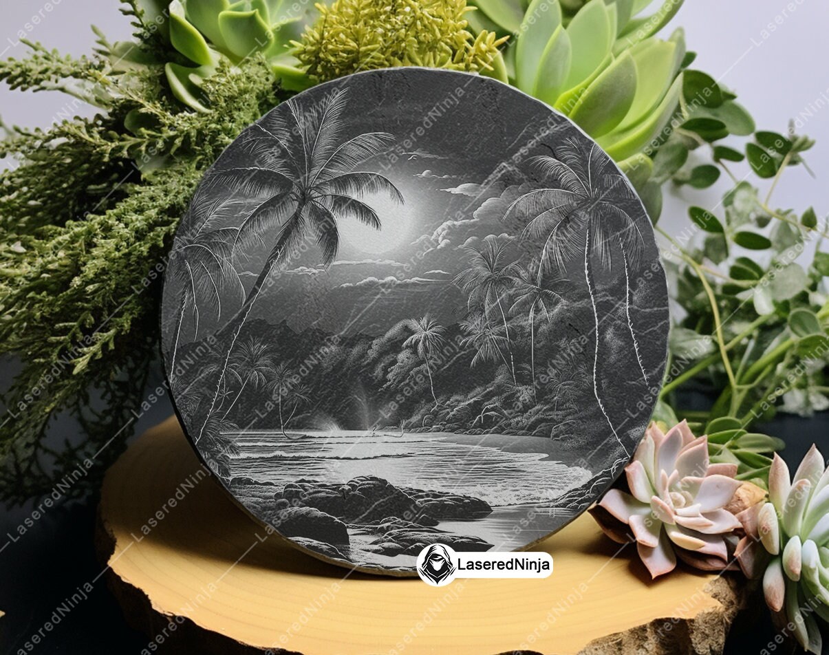 Beach Ocean Sea Sunset Scene Moon Sunrise Laser PNG Slate Coaster Etch ...