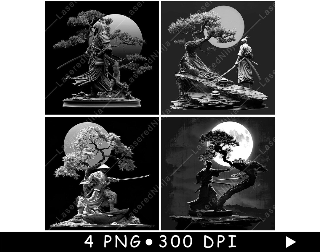 Samurai With Katana and Bonsai Tree – Black and White Moonlit Engraving ...