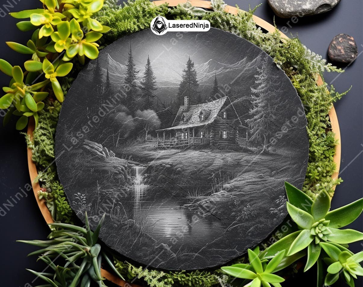 Rustic Log Cabin Lake Cottage Swamp Mountain Wood Laser PNG Slate ...