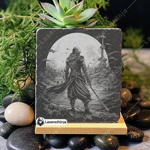 Moonlit Ronin Warrior Overlooking Ancient Pagoda City Black and White ...