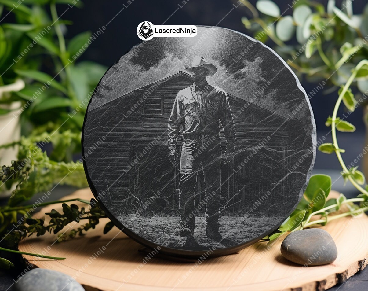 Cowboy Rustic Farm Barn Ranch Old Western Scene Laser PNG Slate Coaster ...