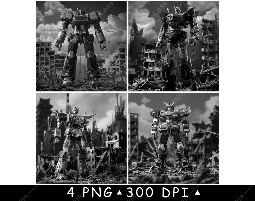 Robot Destroyed Buildings AI Cyborg Droid Sci-fi Machines Laser File Coaster Burn Grayscale PNG ...