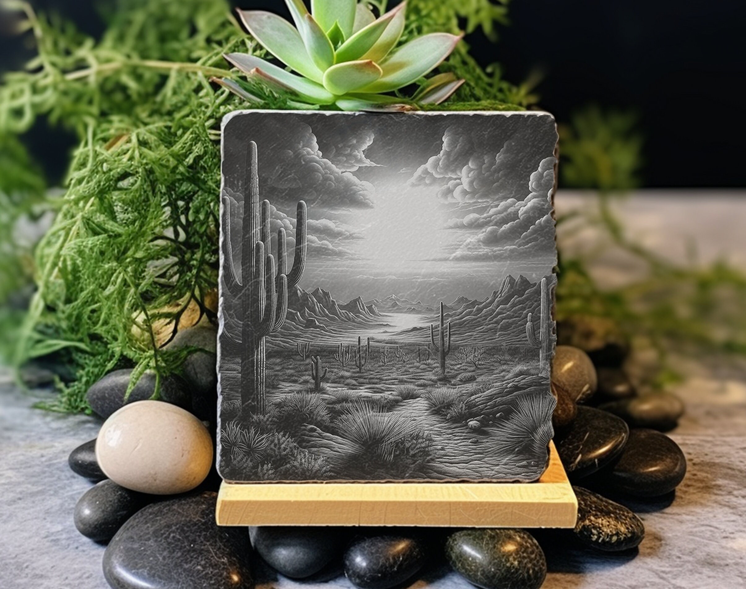 Saguaro Sonoran Desert Cactus Landscape Scene Laser PNG Slate Coaster ...