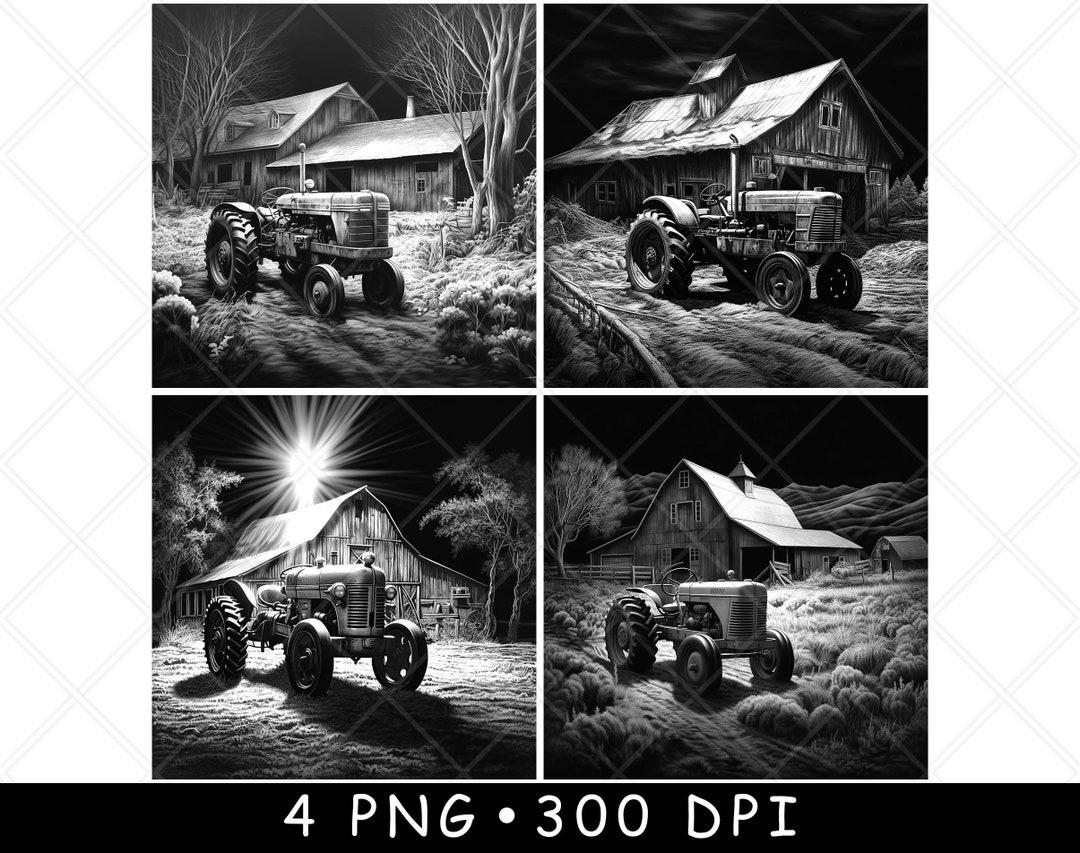 Rustic Barn Farm Old Tractor Ranch Land Scene Laser PNG Slate Coaster Etch Wood Burn Black White ...