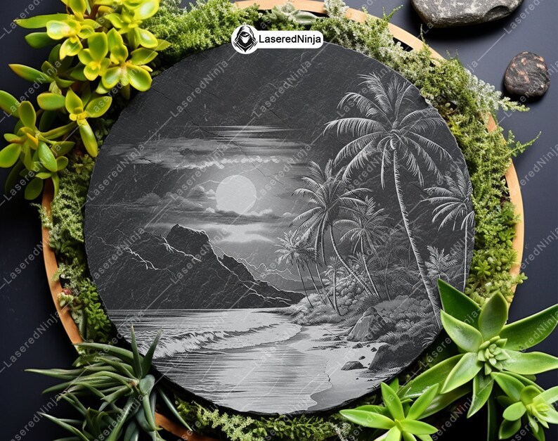 Beach Ocean Sea Sunset Scene Moon Sunrise Laser PNG Slate Coaster Etch ...