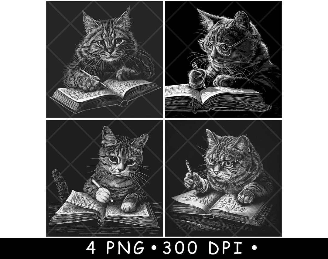 Cat Reading Book Study Pencil Work Write Kitten Library Laser File ...