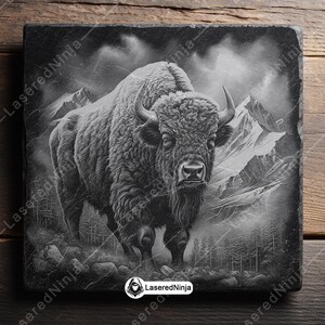 Buffalo Bison Bull Pine Tree Teton Mountain Scene Coaster Laser File ...
