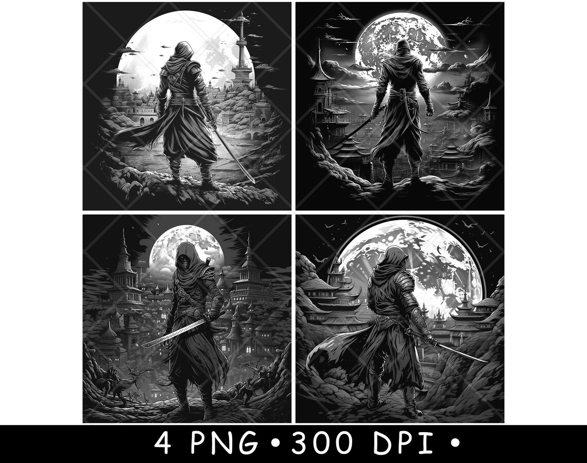 Moonlit Ronin Warrior Overlooking Ancient Pagoda City Black and White ...