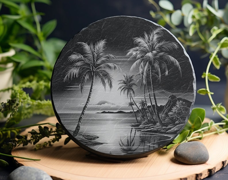 Hawaii Island Palm Sea Beach Sunset Coconut Scene Laser PNG Slate ...