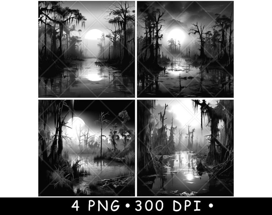 Haunted Swamp Landscape Set Moonlit Marsh and Cypress Trees High ...