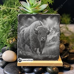 Buffalo Bison Bull Pine Tree Teton Mountain Scene Coaster Laser File ...