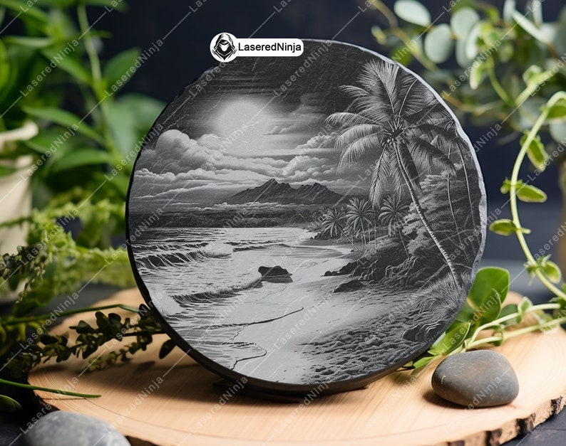 Beach Ocean Sea Sunset Scene Moon Sunrise Laser PNG Slate Coaster Etch ...