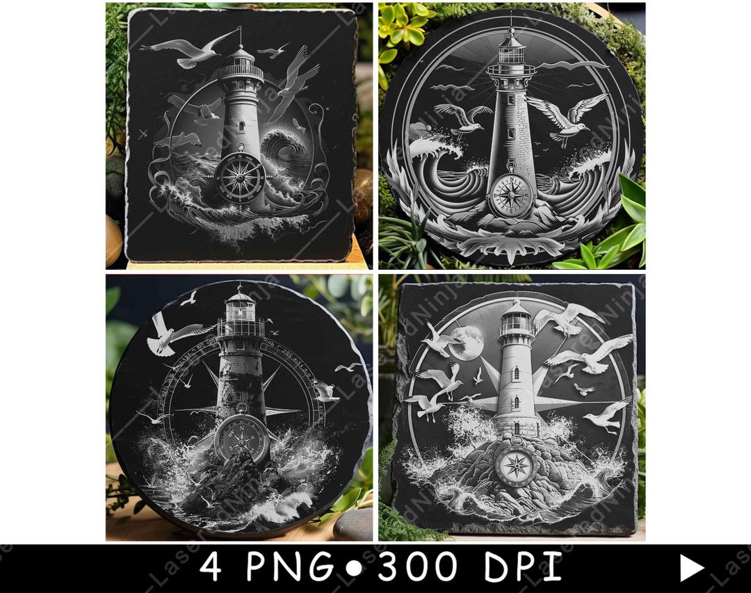 Lighthouse Compass Flying Seagulls Ocean Waves Navigation Laser File ...