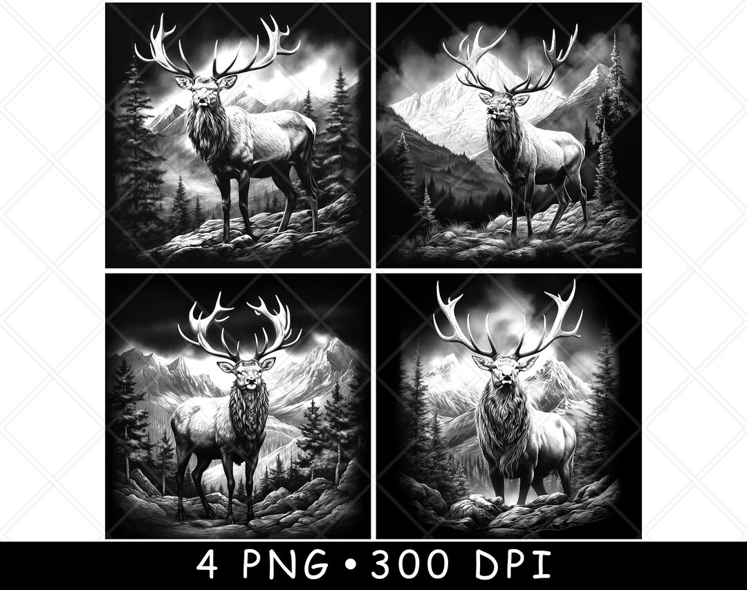 Majestic Elk Stag Mountain Wilderness Set High Contrast Engraving Style ...