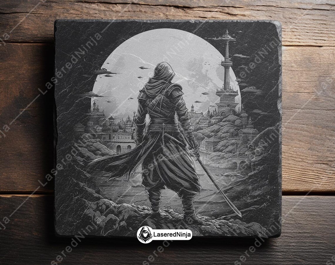 Moonlit Ronin Warrior Overlooking Ancient Pagoda City Black and White ...