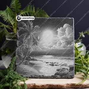 Beach Ocean Sea Sunset Scene Moon Sunrise Laser PNG Slate Coaster Etch ...