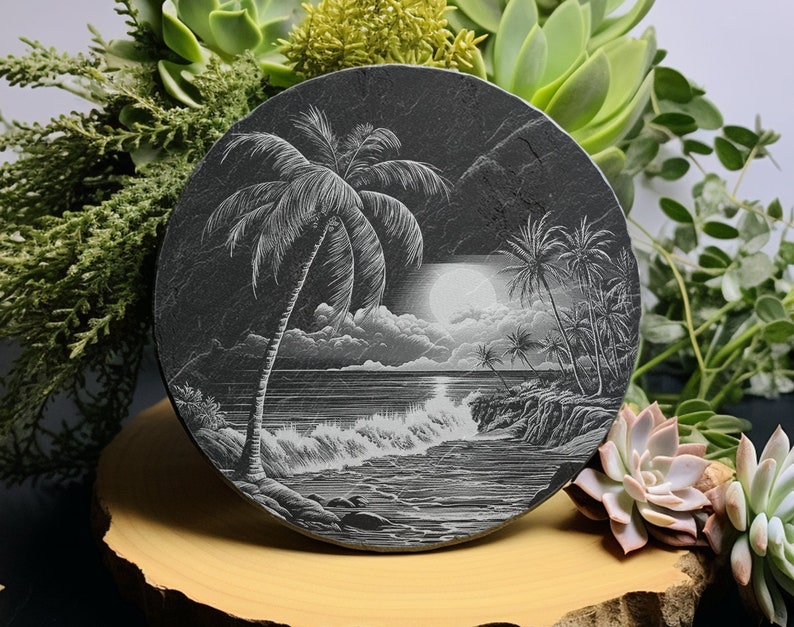 Hawaii Island Palm Sea Beach Sunset Coconut Scene Laser PNG Slate ...