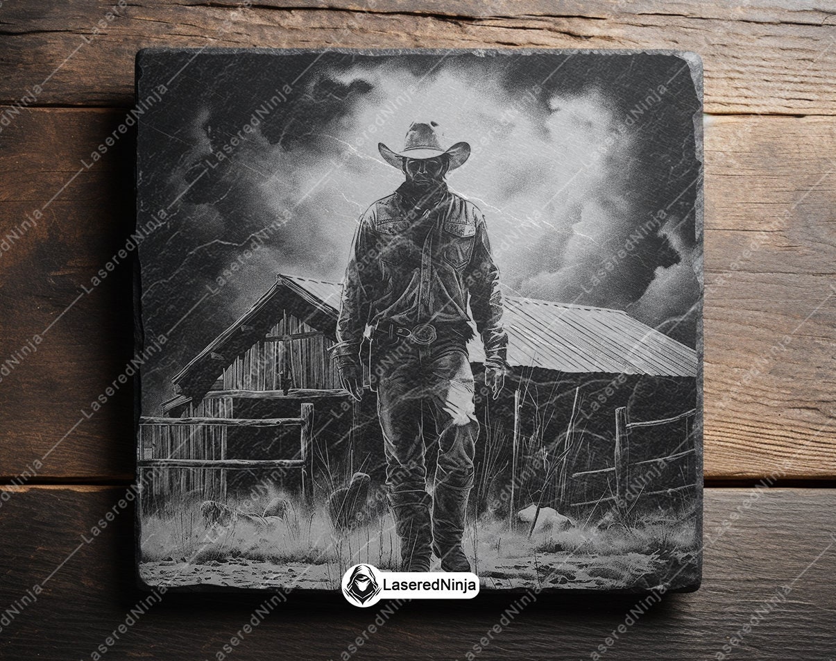 Cowboy Rustic Farm Barn Ranch Old Western Scene Laser PNG Slate Coaster ...