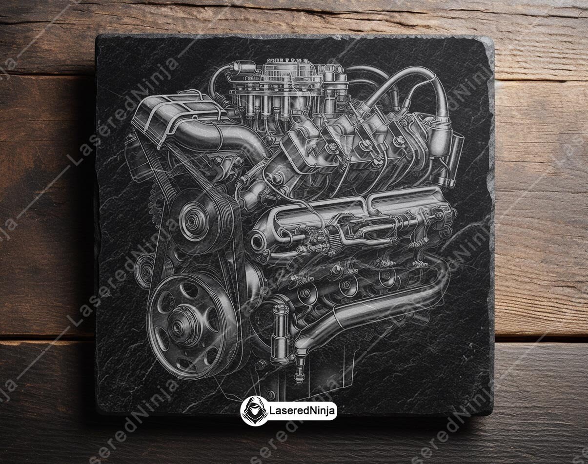 Car Engine Art - Mechanical Engine Illustration for Laser Engraving and ...