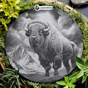 Buffalo Bison Bull Pine Tree Teton Mountain Scene Coaster Laser File ...