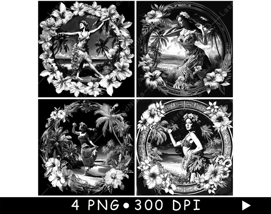 Hula Dancer Designs With Tropical Floral Frames for Laser Engraving ...