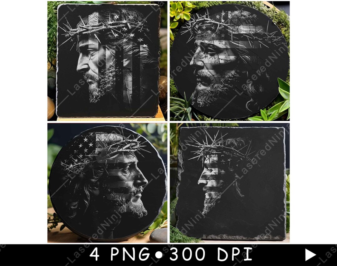 Jesus Christ American Flag Crown Thorns Religious Savior Laser File Coaster Burn Grayscale Slate ...