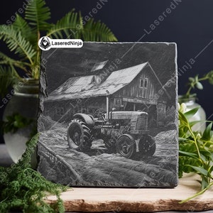 Rustic Barn Farm Old Tractor Ranch Land Scene Laser PNG Slate Coaster ...