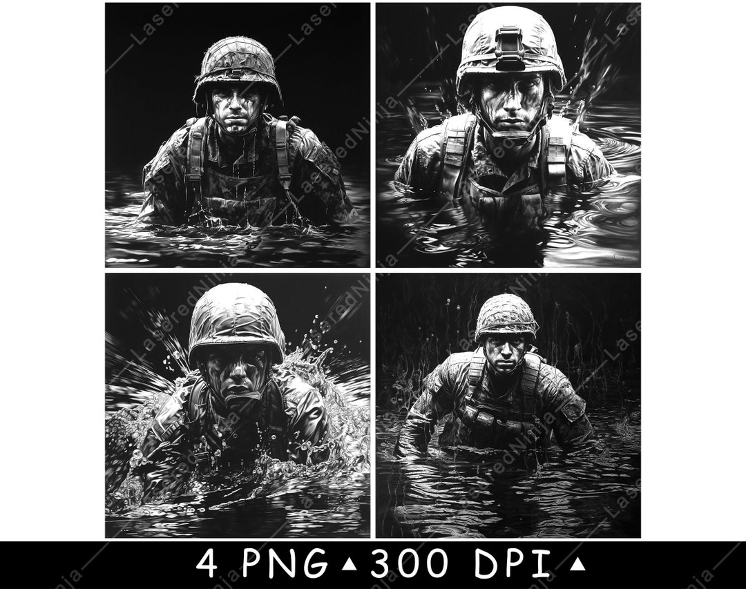 Soldier in Water Combat Portrait Set Military Action High Contrast ...