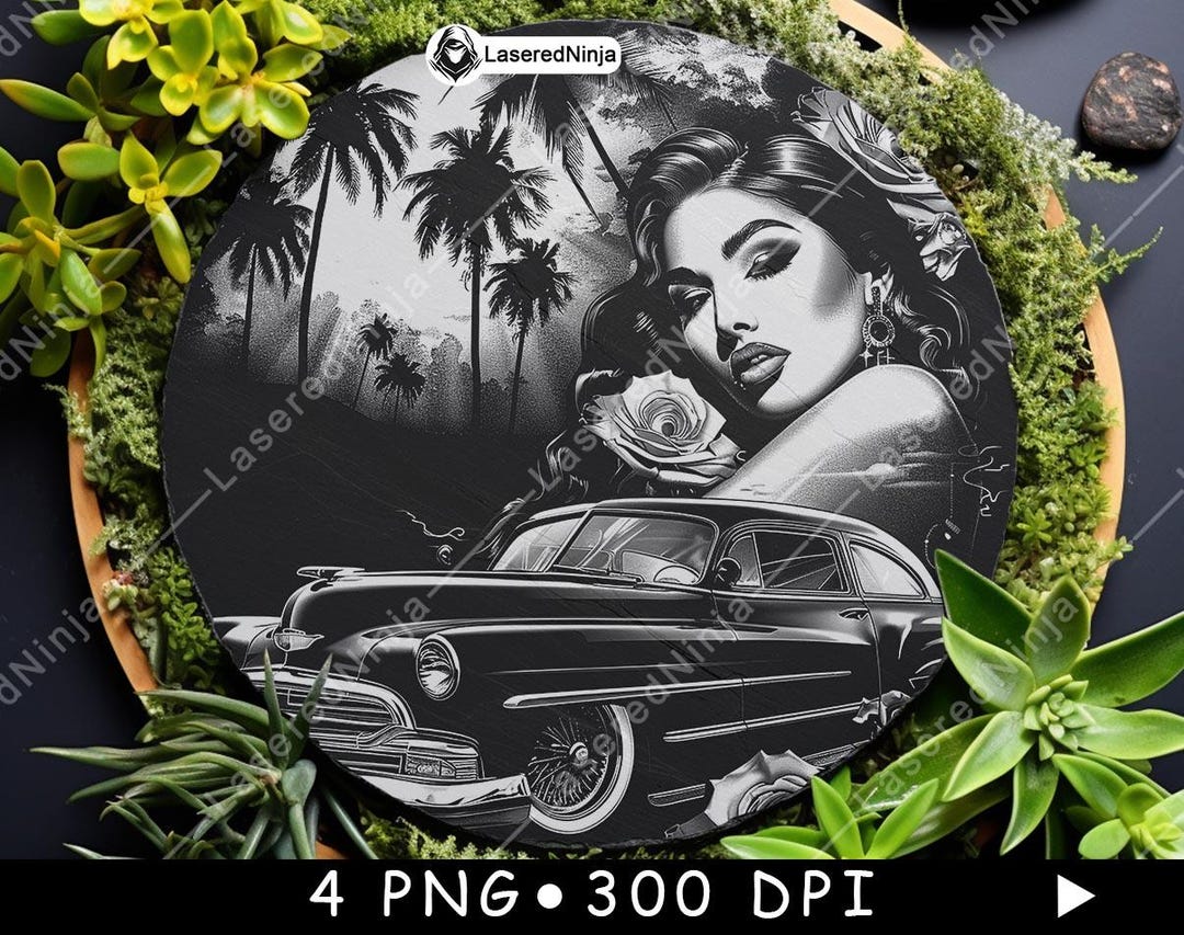 Lowrider Car and Woman Bundle Black and White Palm Tree Pngs for Laser ...