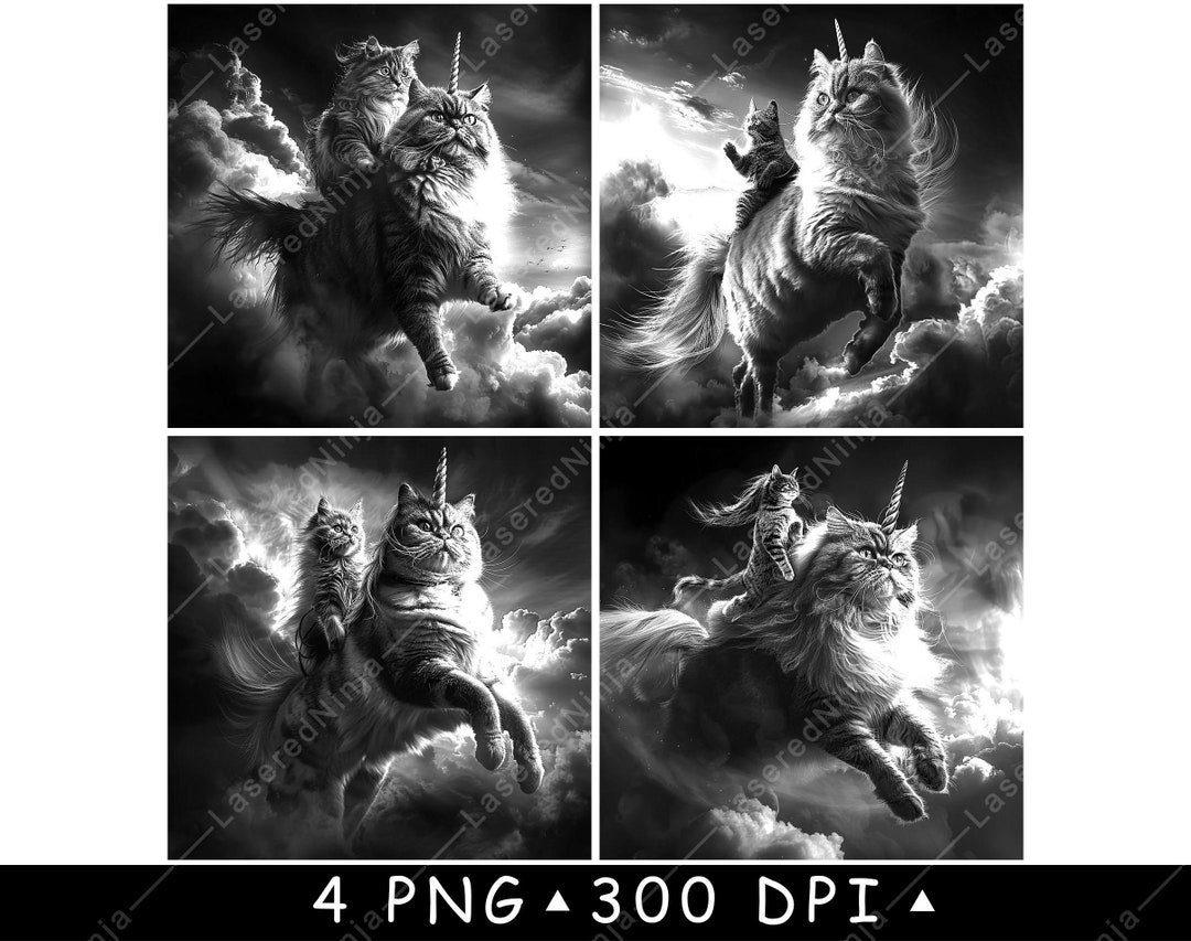 Caticorn Cloud Bundle Black White Flying Cat Unicorn Fantasy Sky Laser ...