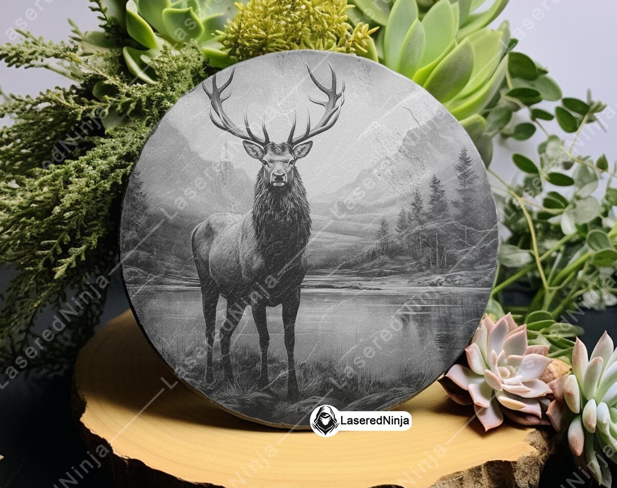 Bull Elk Red Deer Wapiti Caribou Lake Scene Wild Animal Laser File ...