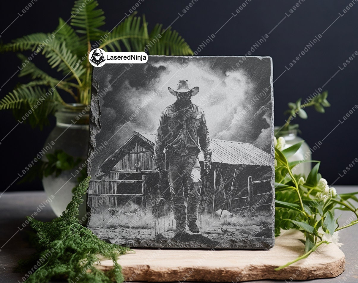 Cowboy Rustic Farm Barn Ranch Old Western Scene Laser PNG Slate Coaster ...