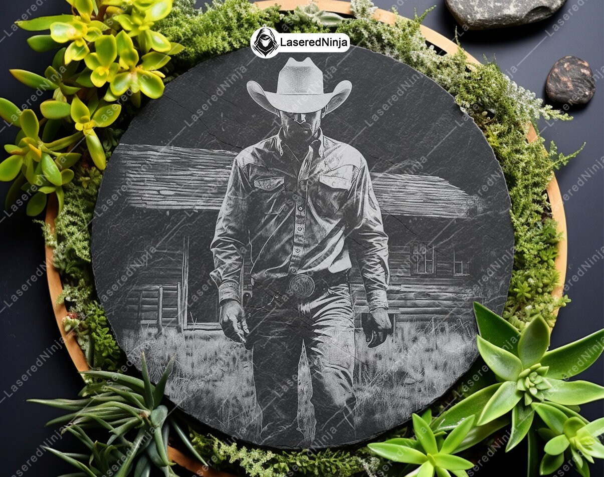 Cowboy Rustic Farm Barn Ranch Old Western Scene Laser PNG Slate Coaster ...