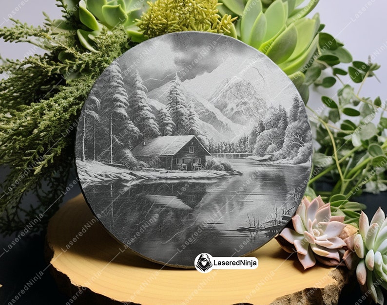 Rustic Log Cabin Lake Alps Mountain Winter Scene Laser PNG Slate ...