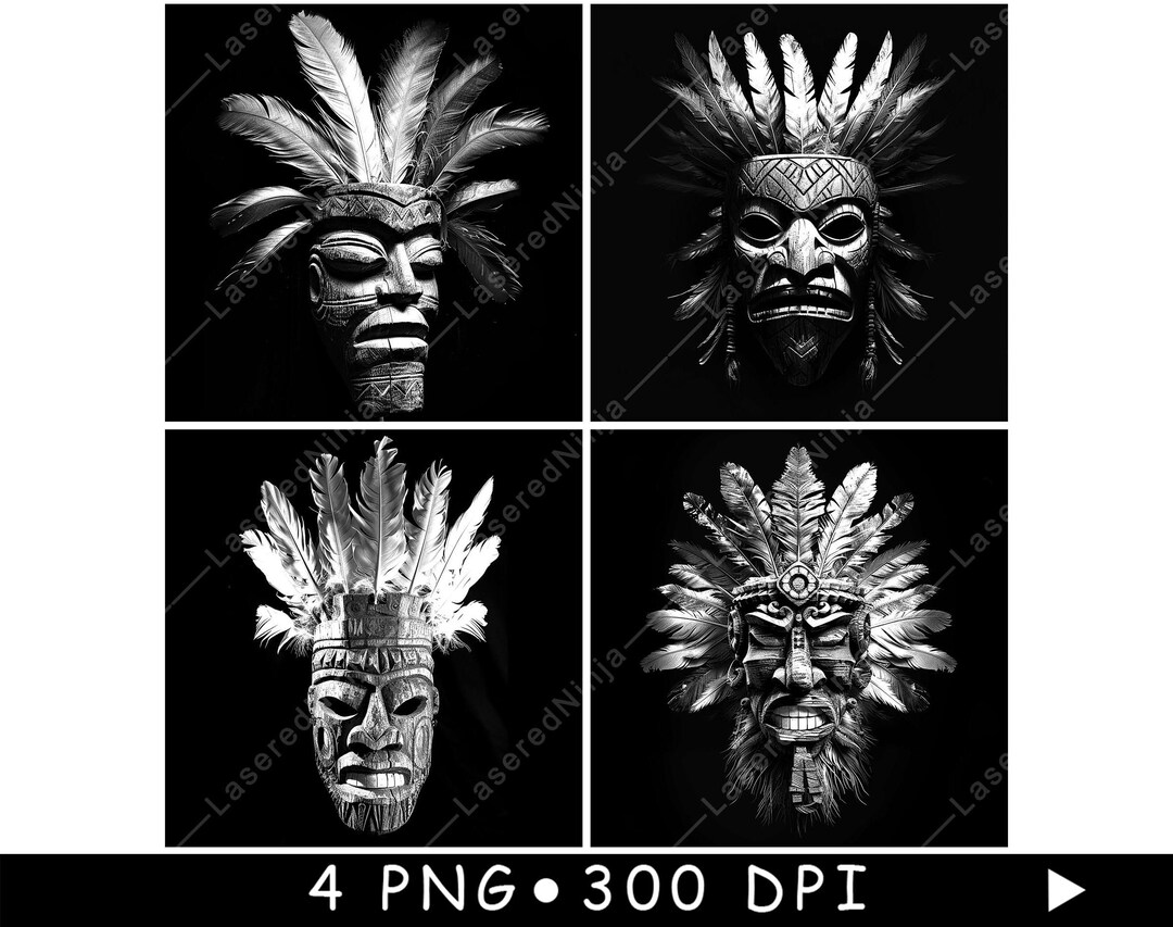 Tiki Mask Feathers Tribal Carved Face Headdress Ethnic Laser File ...
