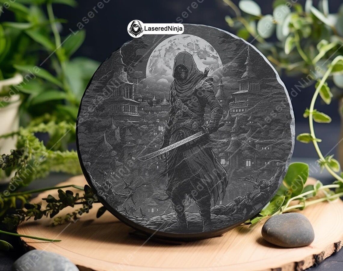 Moonlit Ronin Warrior Overlooking Ancient Pagoda City Black and White ...